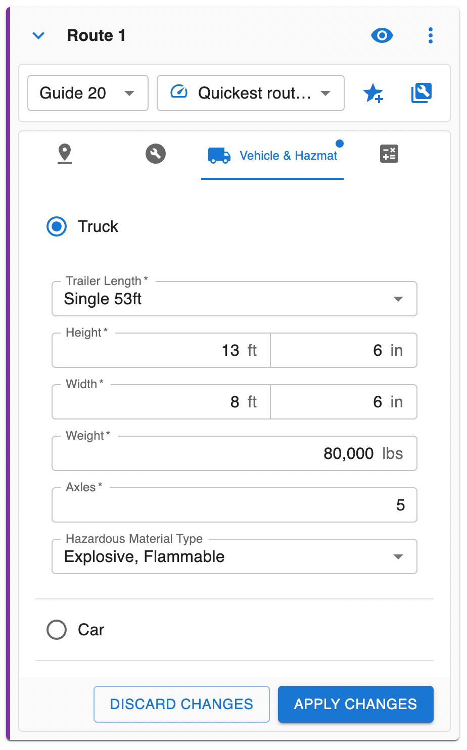 Route Settings - Vehicle & Hazmat – MileMaker